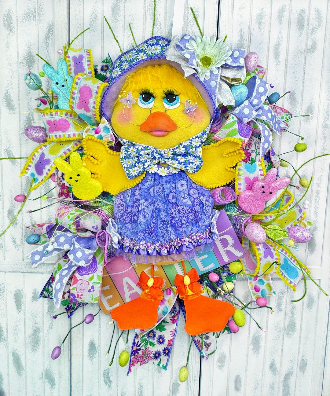 Deluxe Easter Handmade 25” Puddles Duck Wreath With Designer Ribbon ...