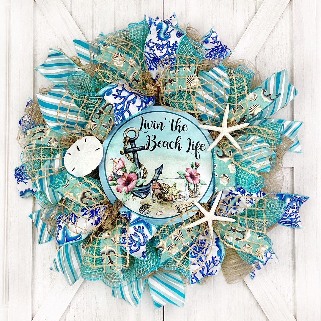 Livin’ the Beach Life Coastal Wreath, Nautical Beach House Decorations ...
