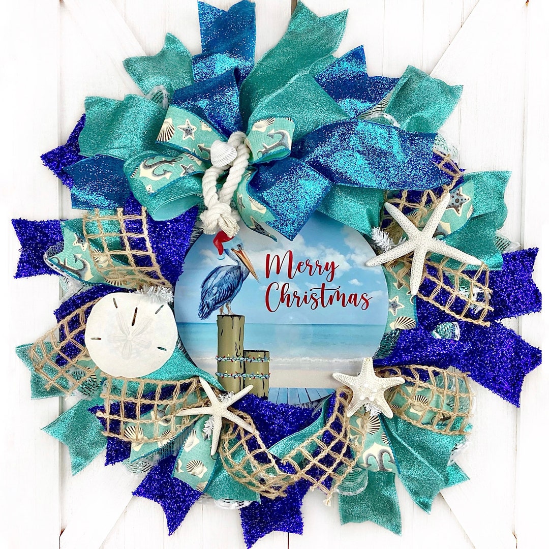 Pelican Coastal, Beach, Nautical Christmas Wreath for Front Door ...