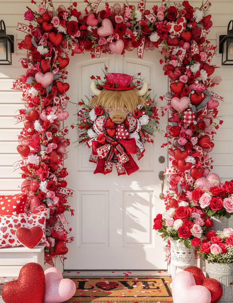 Large Deluxe Valentines Day Highland Cow Wreath for Front Door ...