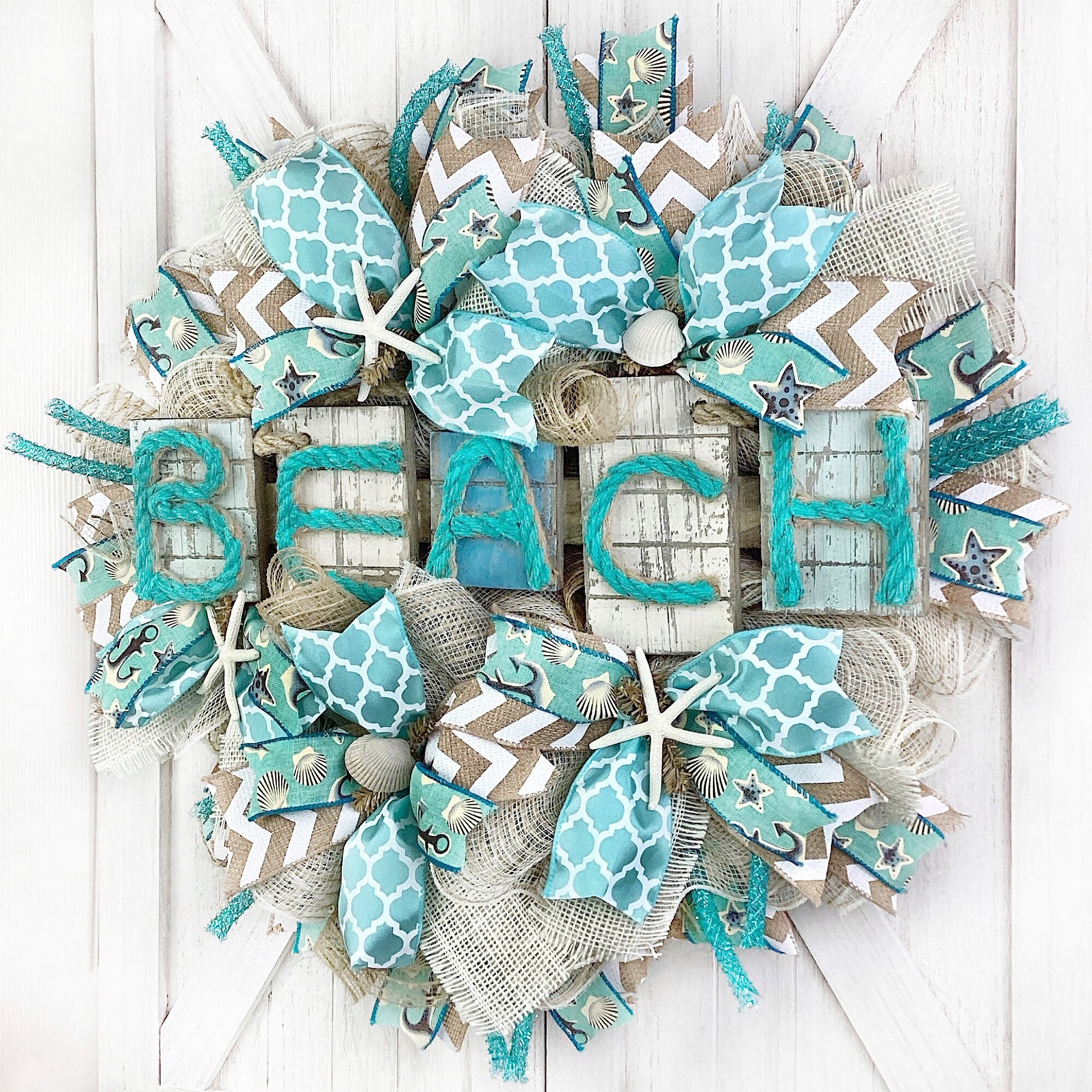 Beach Coastal Nautical Wreath With Starfish Seashells Aqua - Etsy