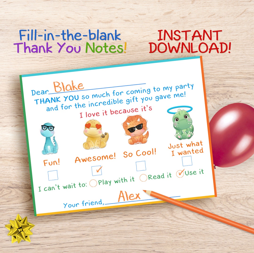 Dinosaur Fill-in Thank You Card: Kids Printable (instant Download) - Etsy