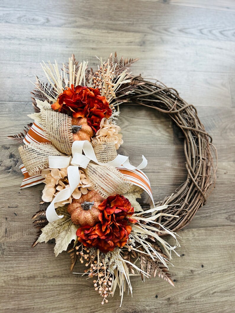 Rustic Fall Grapevine Wreath With Pumpkins and Hydrangeas, Autumn Door ...