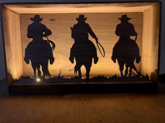 Cowboy Lamp Silhouette Western Decor Rustic Walnut Accent Lighting Soft ...