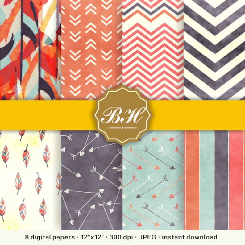 Arrow Watercolor Digital Paper Tribe Paper Triangle Arrow | Etsy