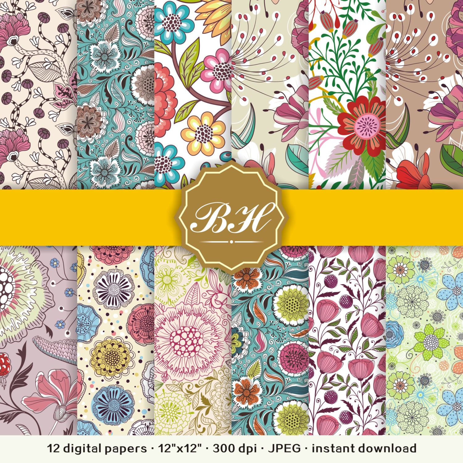 Flower Digital paper Floral Paper Backgrounds Flower Floral | Etsy