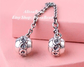 925 Sterling Silver Heart Safety Chain Charm Bracelet - Etsy