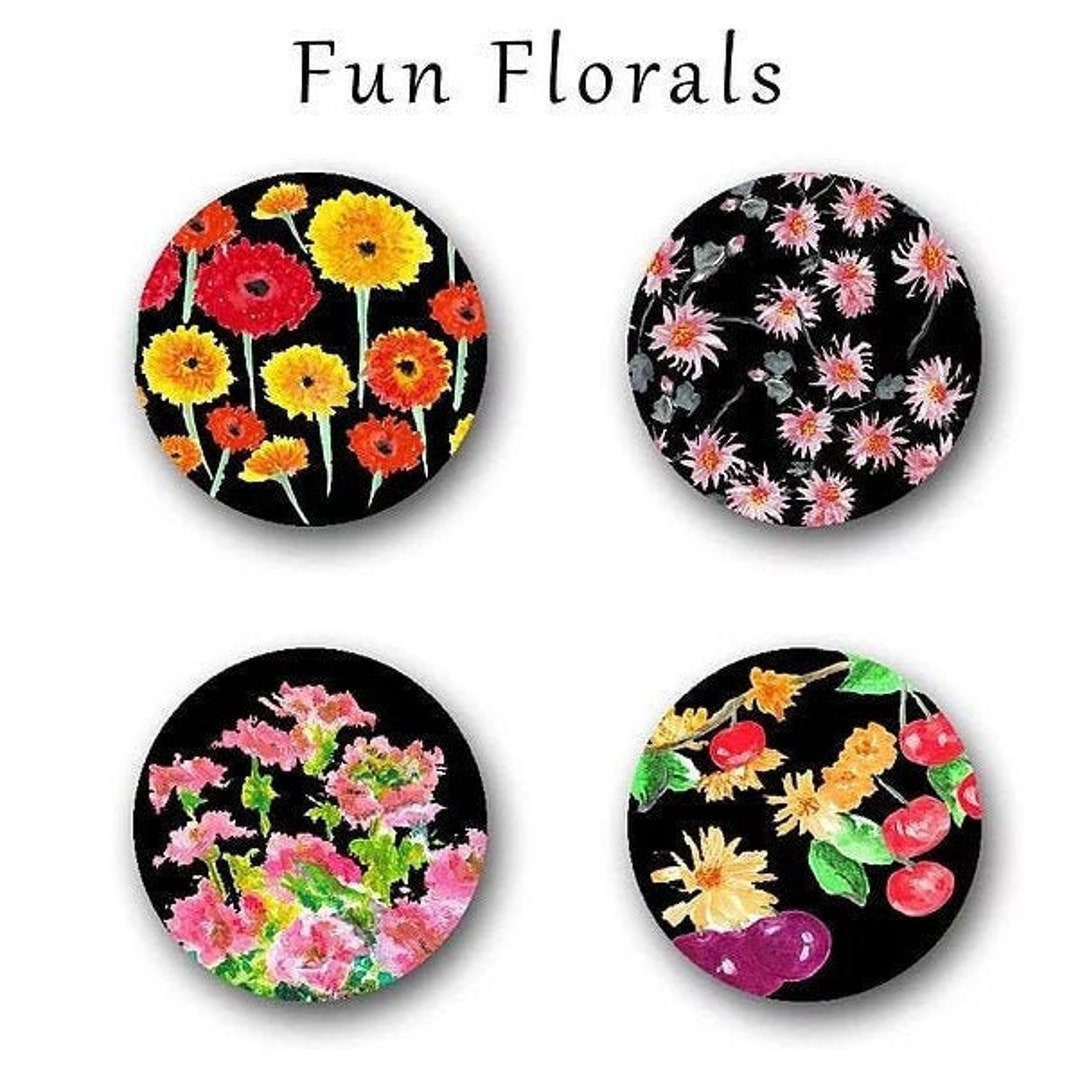Fun Florals Button Magnets | Kitchen Magnets | Round Magnets | Set of 4 ...