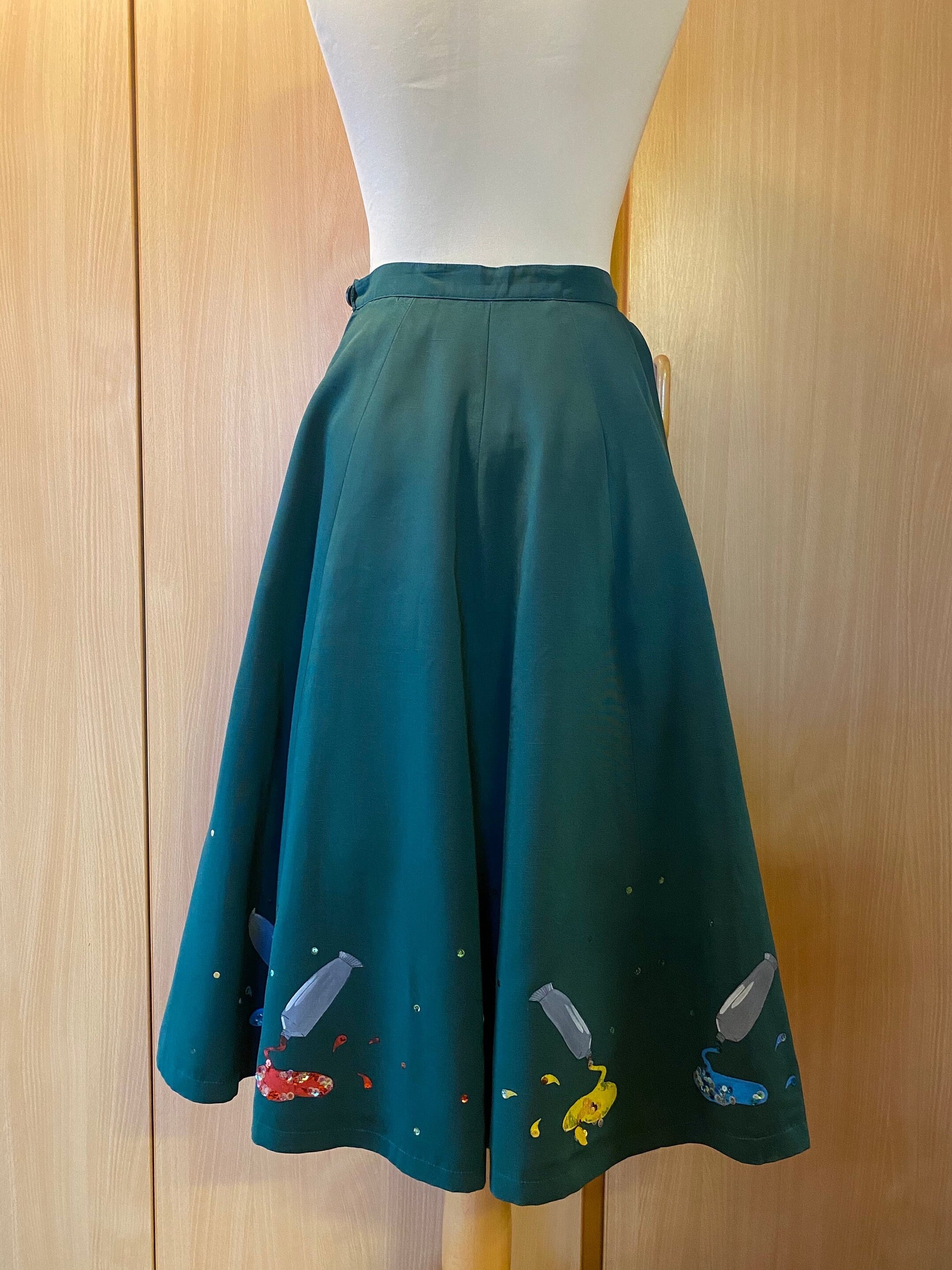 Vintage 1950s Style Novelty Print Handpainted Silk Paneled Skirt Made ...