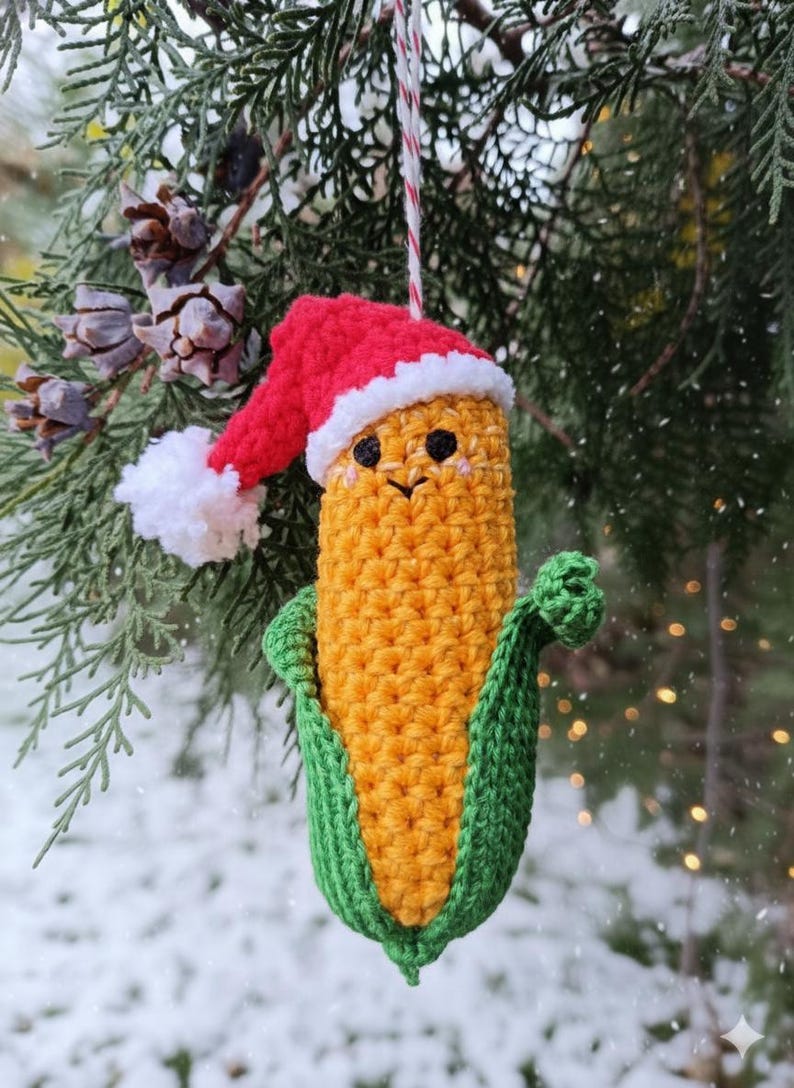 Crochet Corn Ornament With Santa Hat, Funny Christmas Tree Decor - Etsy