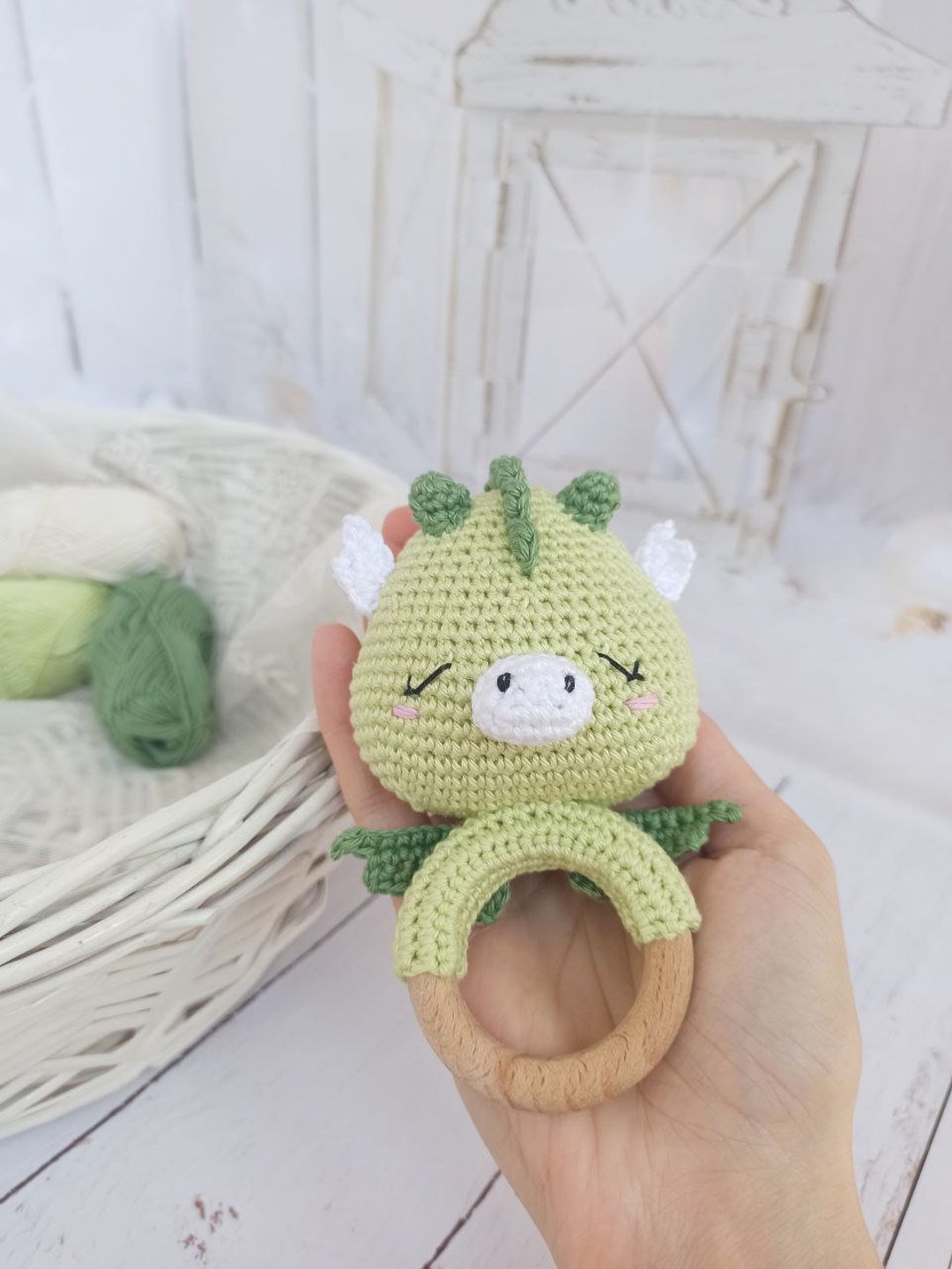 Crochet Dragon Baby Rattle Toy: Green Christmas Shower Baby Pregnancy ...