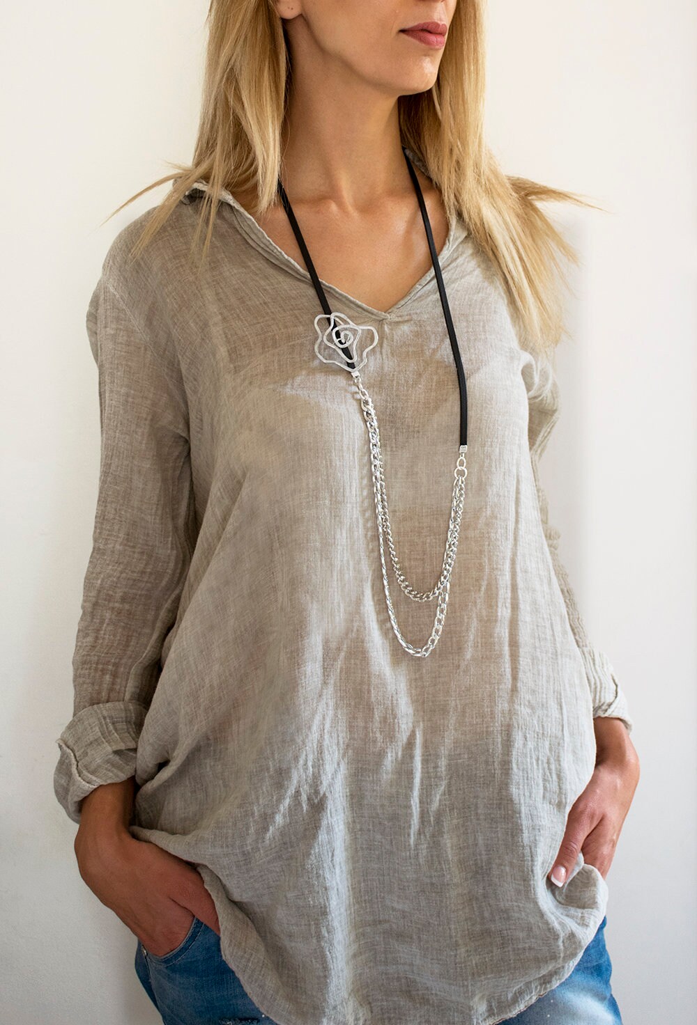 Long Stranded Necklace Drop Statement Necklace Silver | Etsy