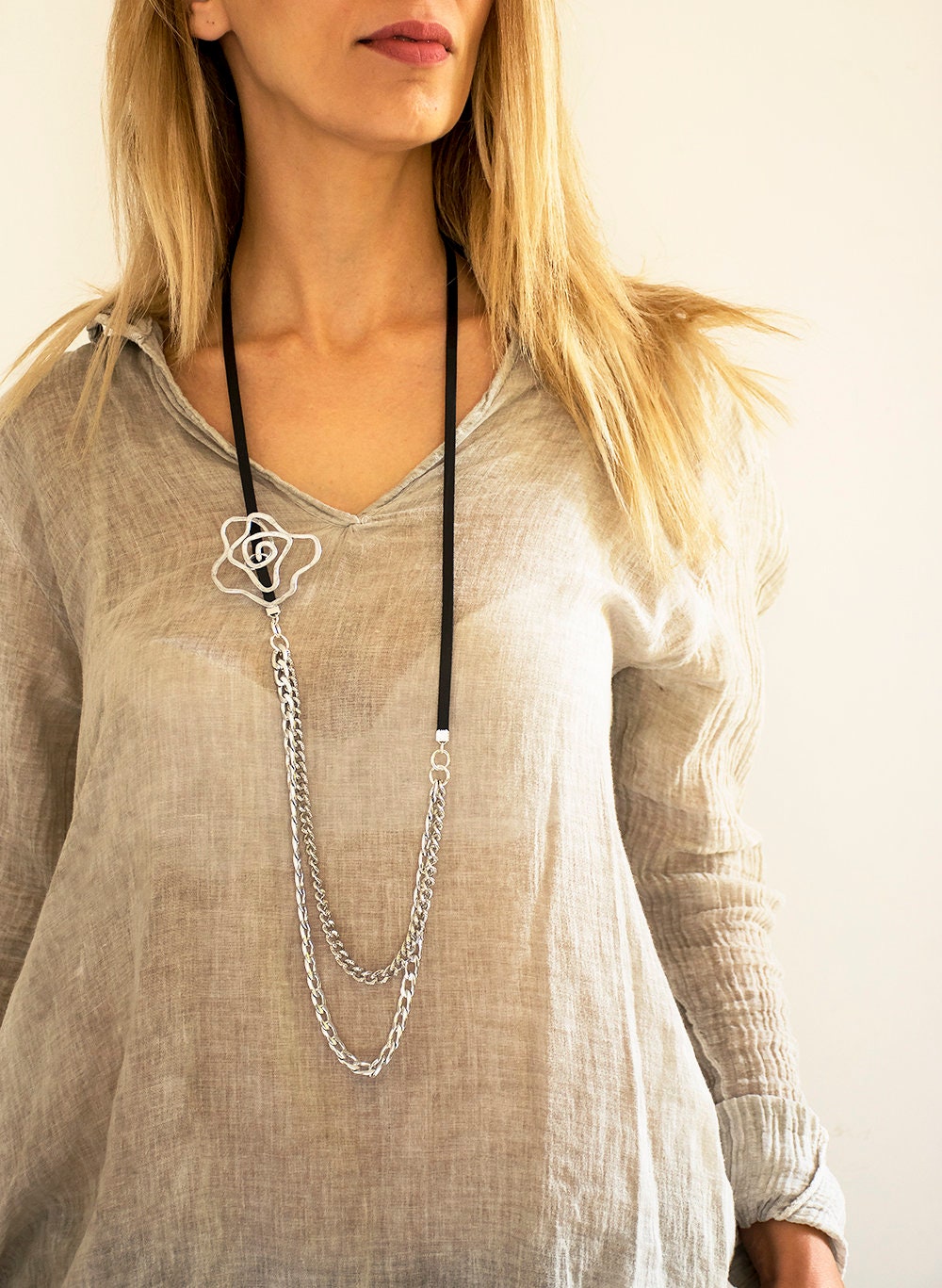 Long Stranded Necklace Drop Statement Necklace Silver | Etsy