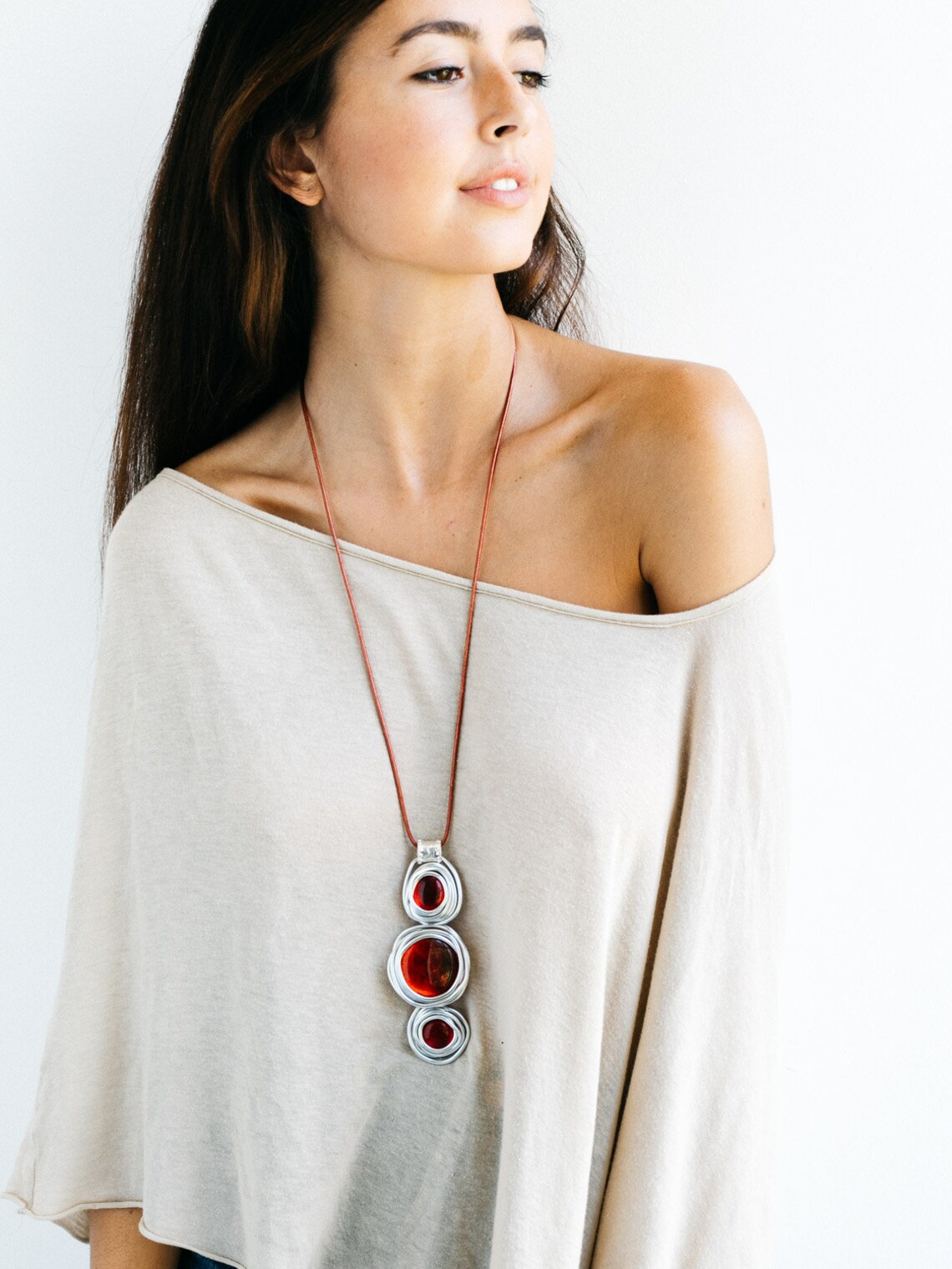 Long Red Necklace Wrapped Stone Necklace Statement Necklace | Etsy