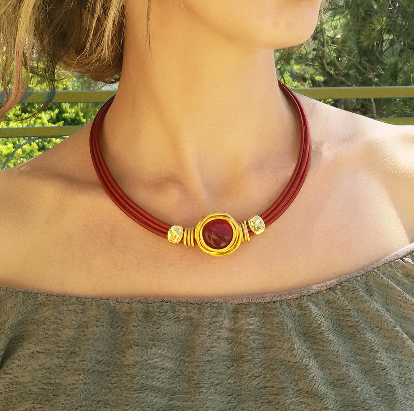 Red Leather Necklace With Red Stone and Gold Wire Stone - Etsy