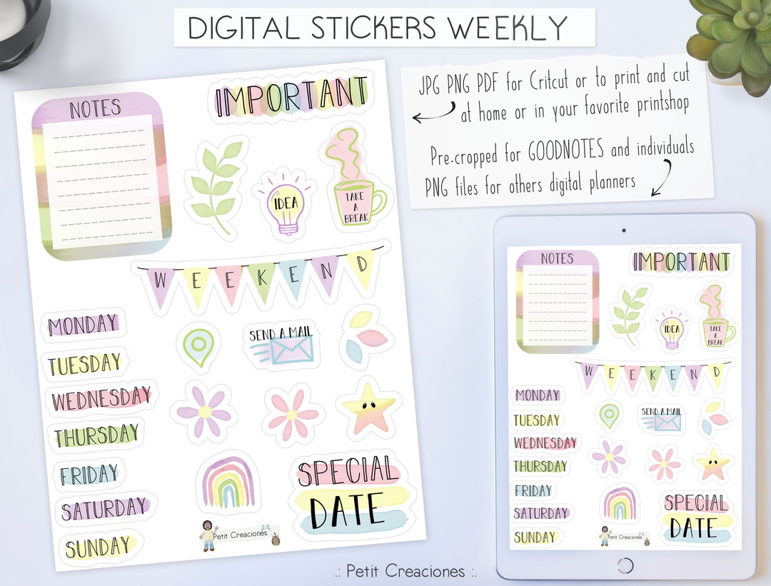 DIGITAL STICKERS WEEKLY, Watercolor Pastel Colors, Printable Stickers ...