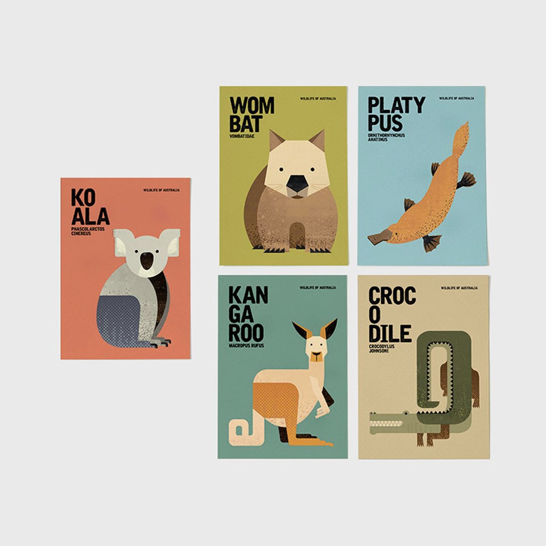 Australian Wildlife Notecards, Retro Animal Illustrations, Set of 5 ...