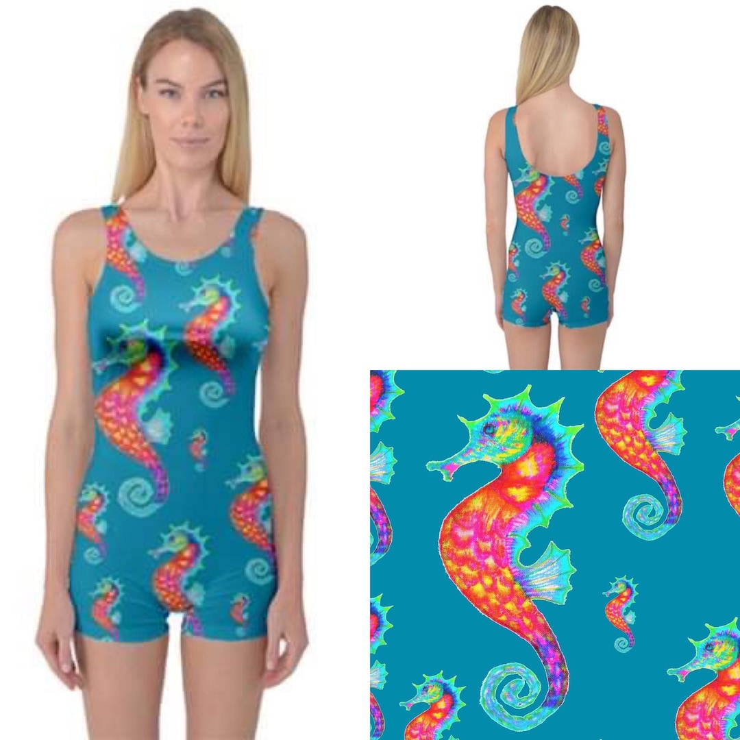 Scoop Back Shorts Swimming Costume. Unity Rainbow Seahorse Art Swimsuit ...
