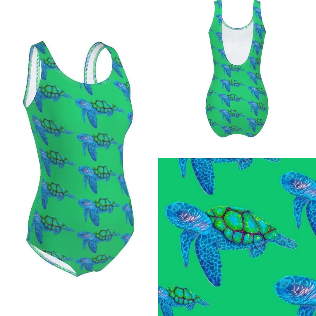 Swimming Costume Scoop Back. Swooshing Turtles Illustration Swimsuit ...