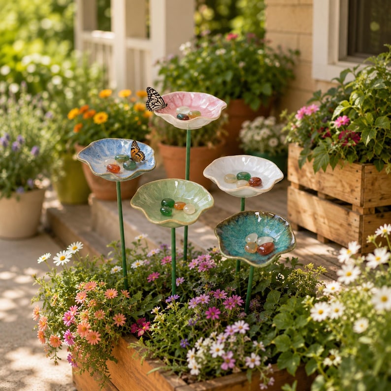Bee & Butterfly Watering Station, Handmade Ceramic Garden Art Puddler ...
