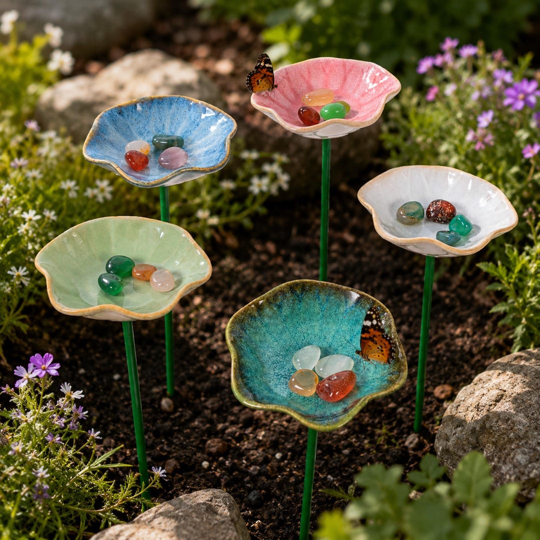 Bee & Butterfly Watering Station, Handmade Ceramic Garden Art Puddler ...
