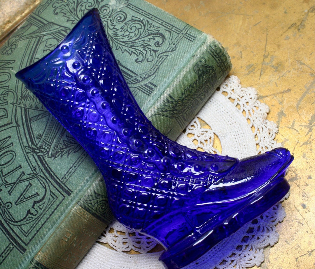 Vintage Cobalt Blue Glass Victorian Boot Vase, Pen or Brush Holder ...