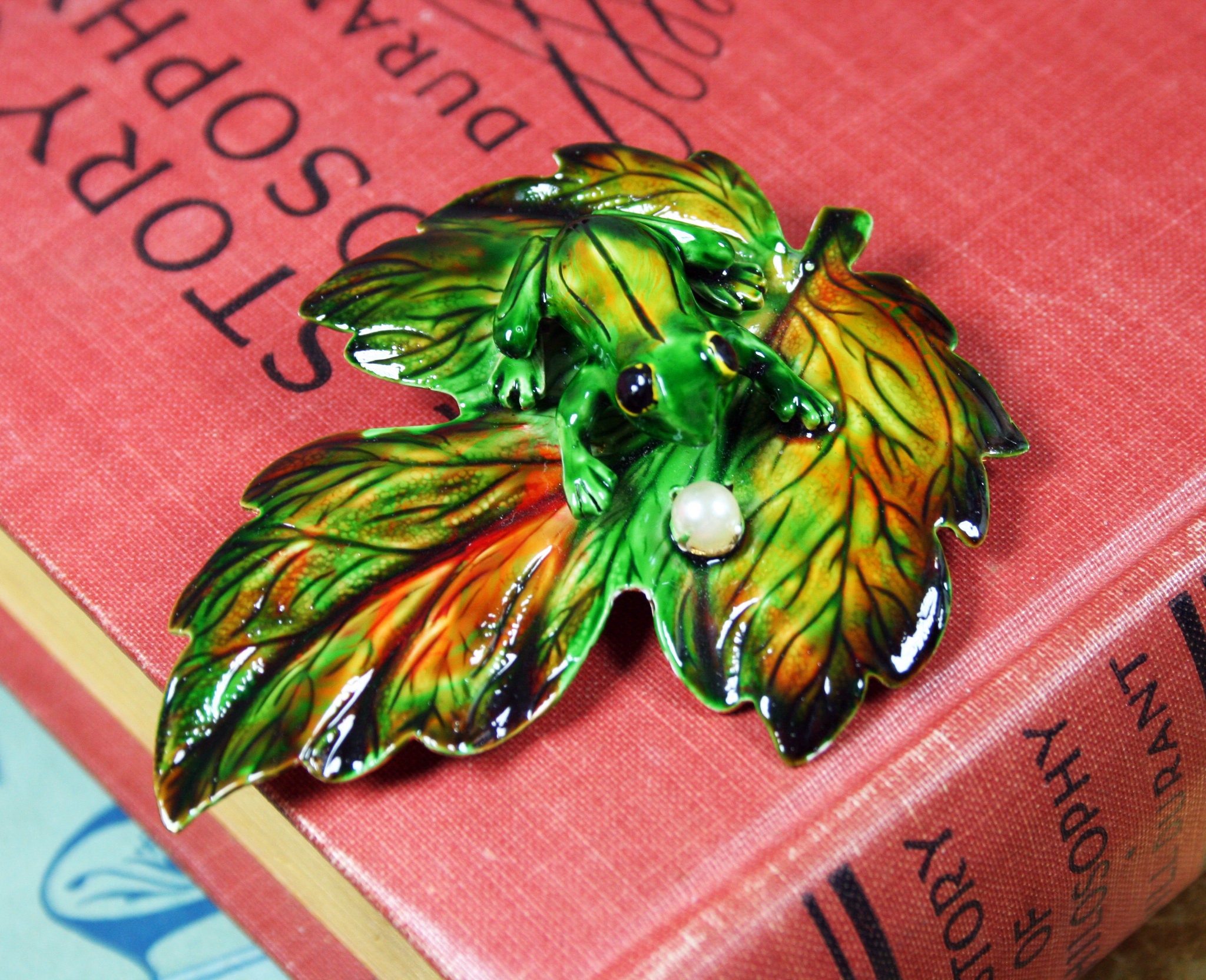 Vintage Signed Robert Frog and Leaf Pin Vintage Enamel Leaf - Etsy