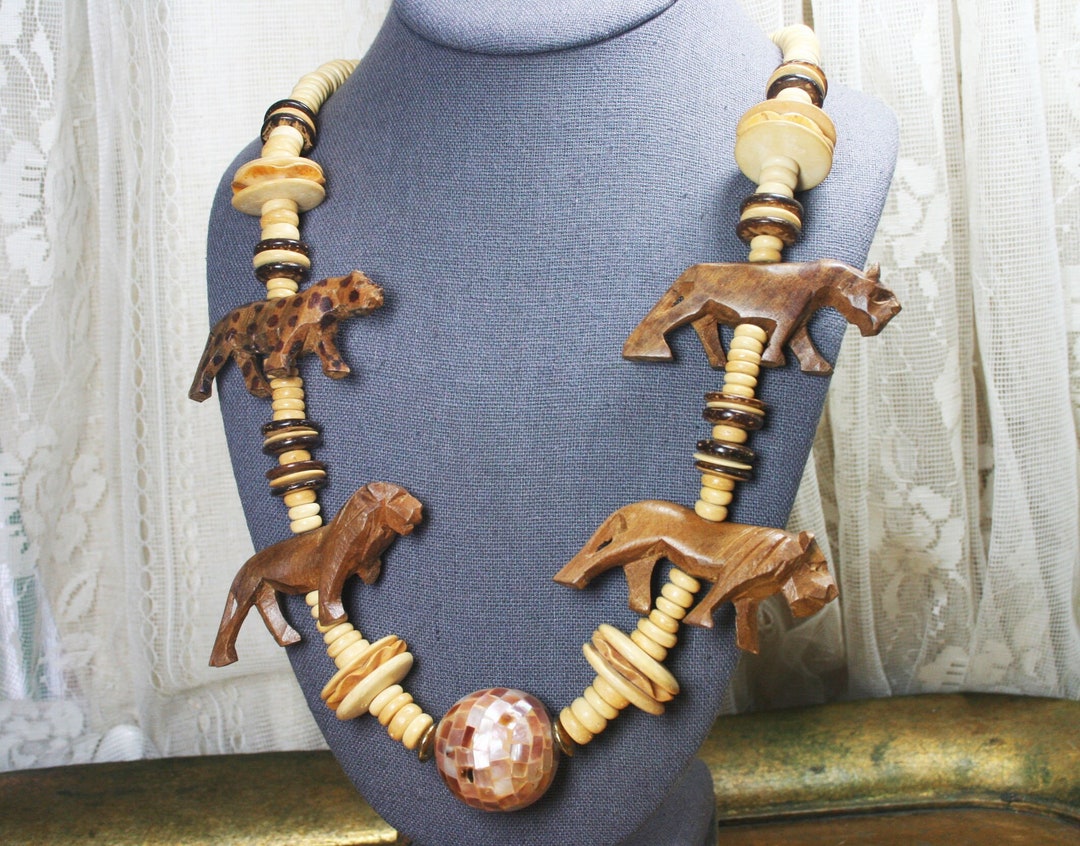 Vintage Hand Carved Animal Necklace, Wood Animal Necklace, Lion and ...