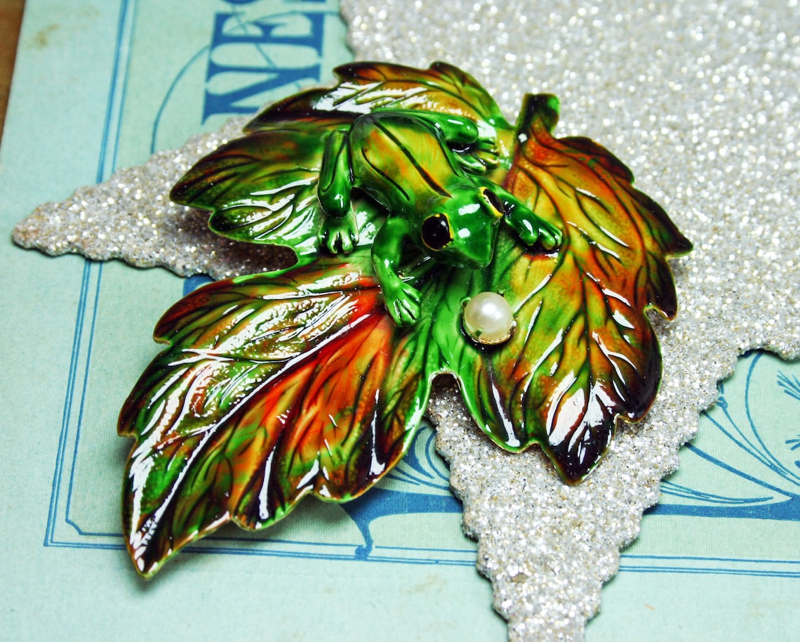 Vintage Signed Robert Frog and Leaf Pin Vintage Enamel Leaf - Etsy