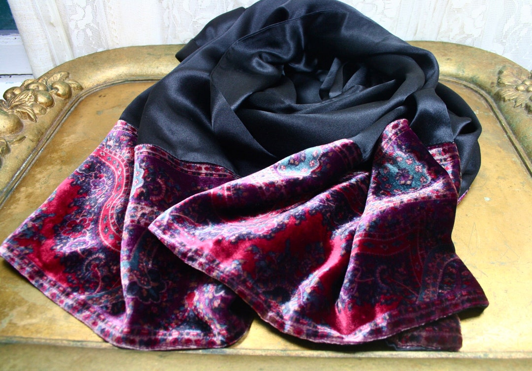 Vintage Black Satin and Magenta Velvet Scarf, Velvet Edged Long Scarf ...