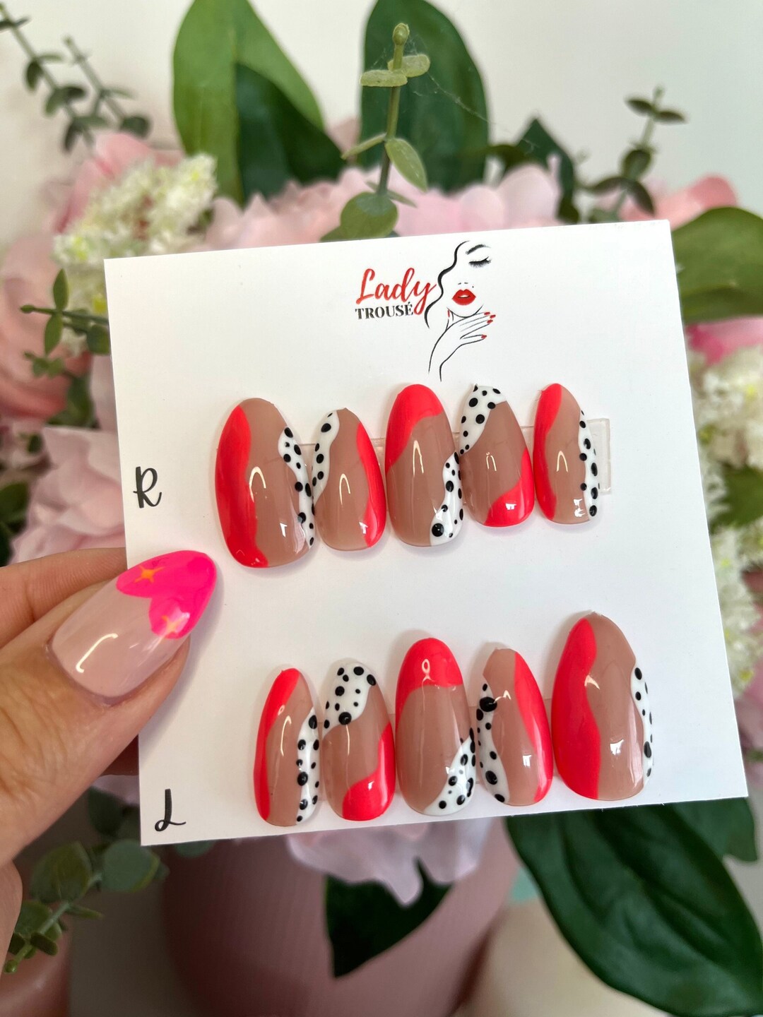 Coral and White Dot Press on Nails, Coral Press on Nails, Dotty Nails ...