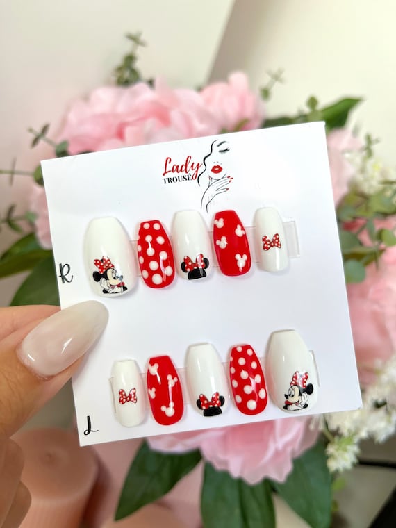 Minnie Mouse Nails Disney Press On Nails | Red And White Gel Fake