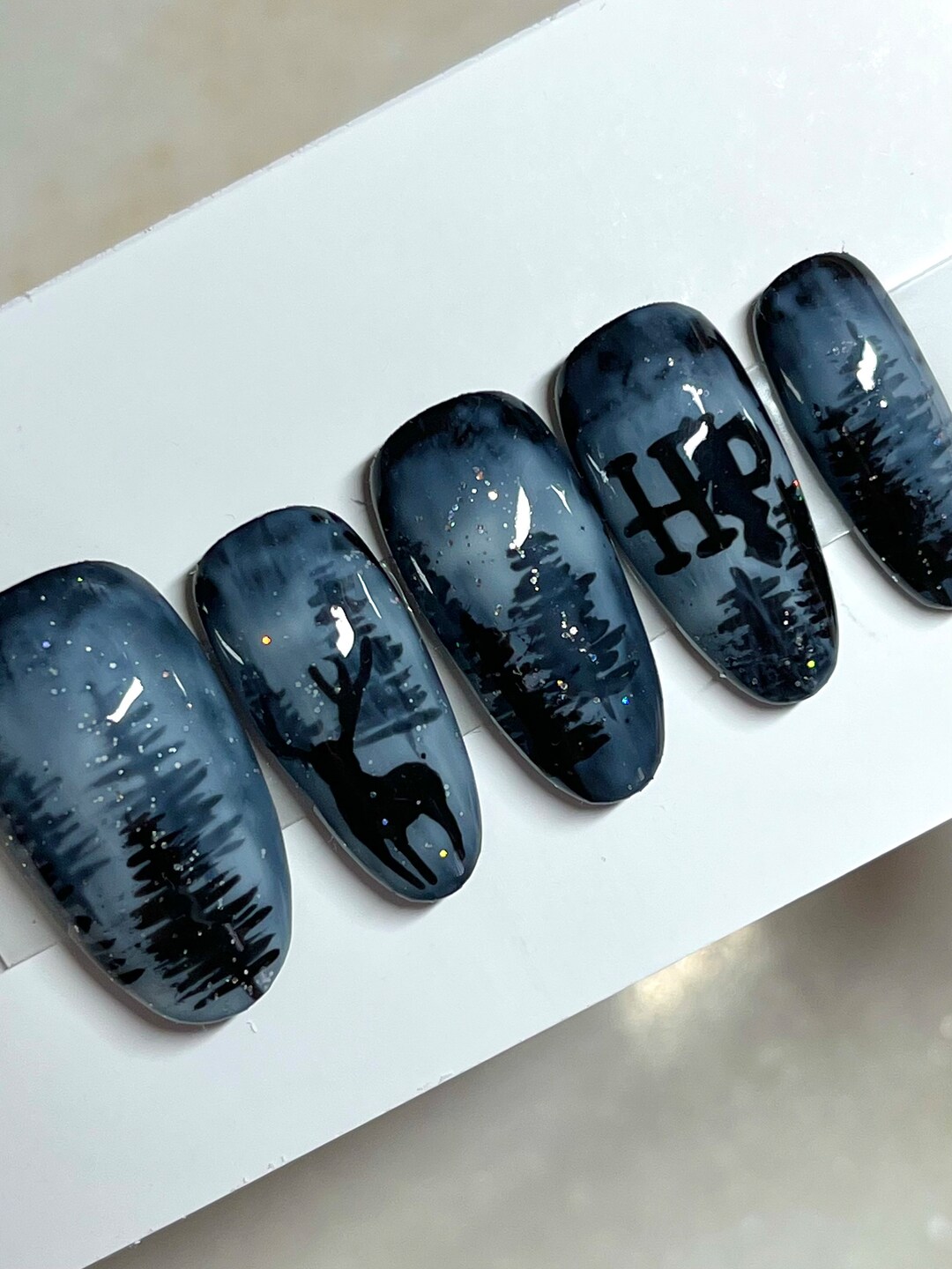 Wizard Stag Press on Nails, Black Goth Winter Forest, Magical Glitter ...