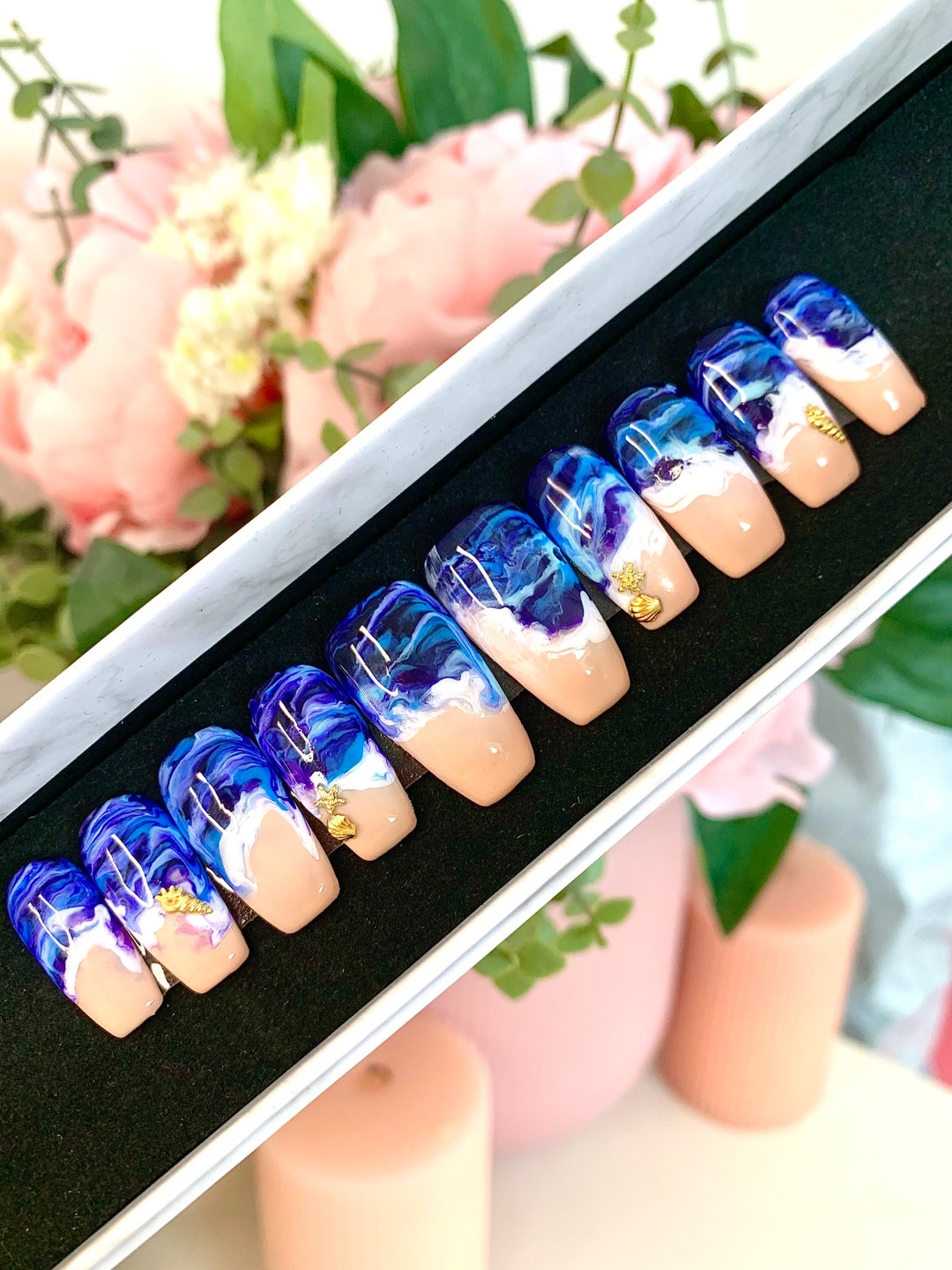 Ocean Beach Stick on Nails, Ocean Press on Acrylic Nails, Fake Nails ...