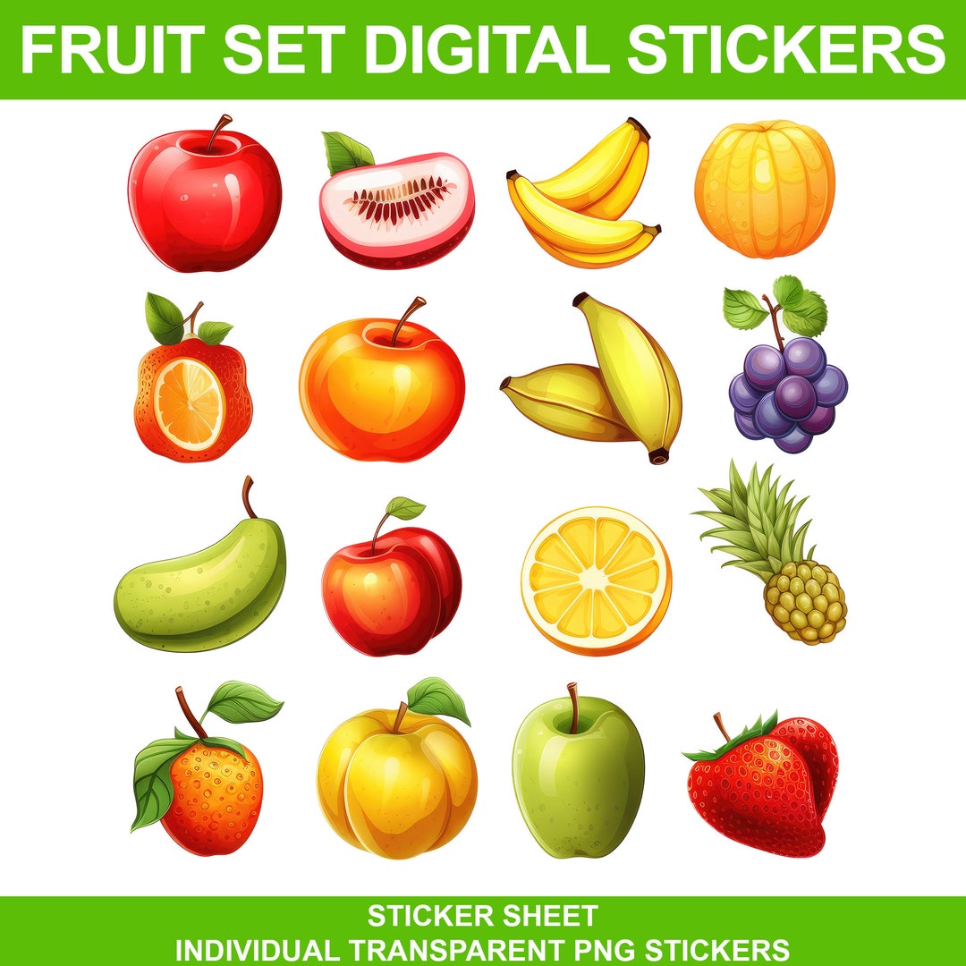 Fruit Stickers Sheet, Fruit Vegetable Clipart, Vegan Sticker Download ...