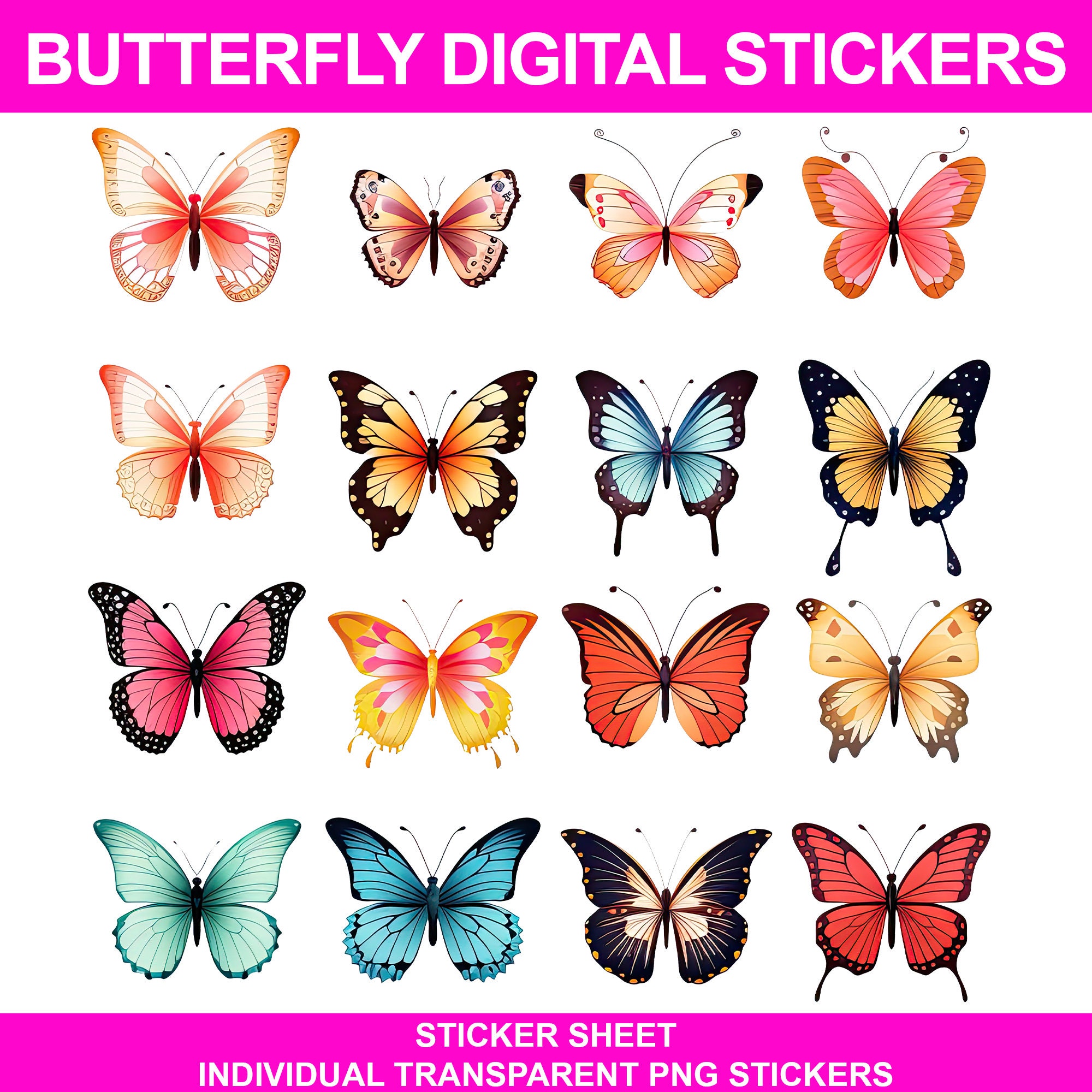 Butterfly Digital Download, Butterfly Sticker Sheet, Butterfly Sticker ...