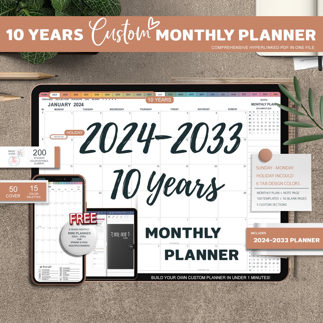 Digital Monthly Planner Goodnotes, 2024 2033 Ten Years, iPad Planner ...