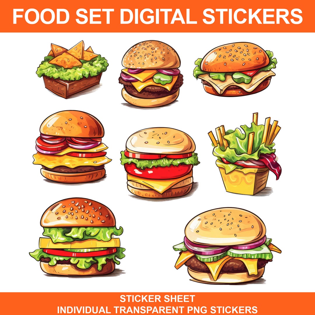Food Digital Stickers, Food Sticker Sheet, Hamburger PNG, French Fries ...