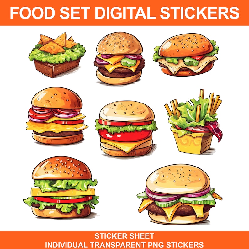 Food Digital Stickers, Food Sticker Sheet, Hamburger PNG, French Fries ...