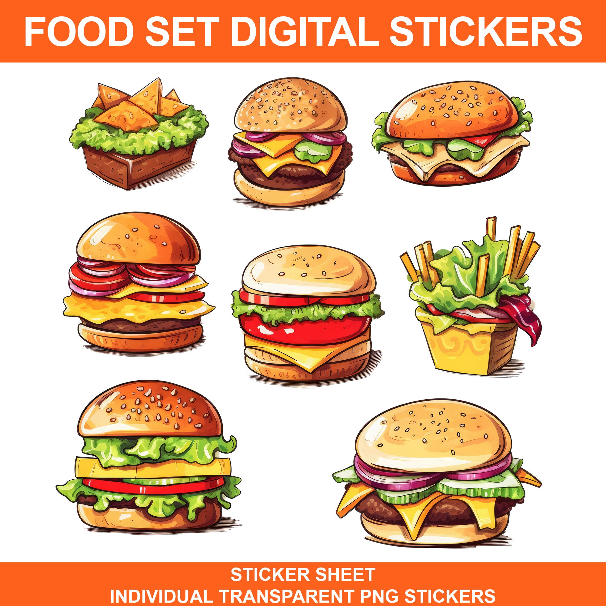 Food Digital Stickers, Food Sticker Sheet, Hamburger PNG, French Fries ...