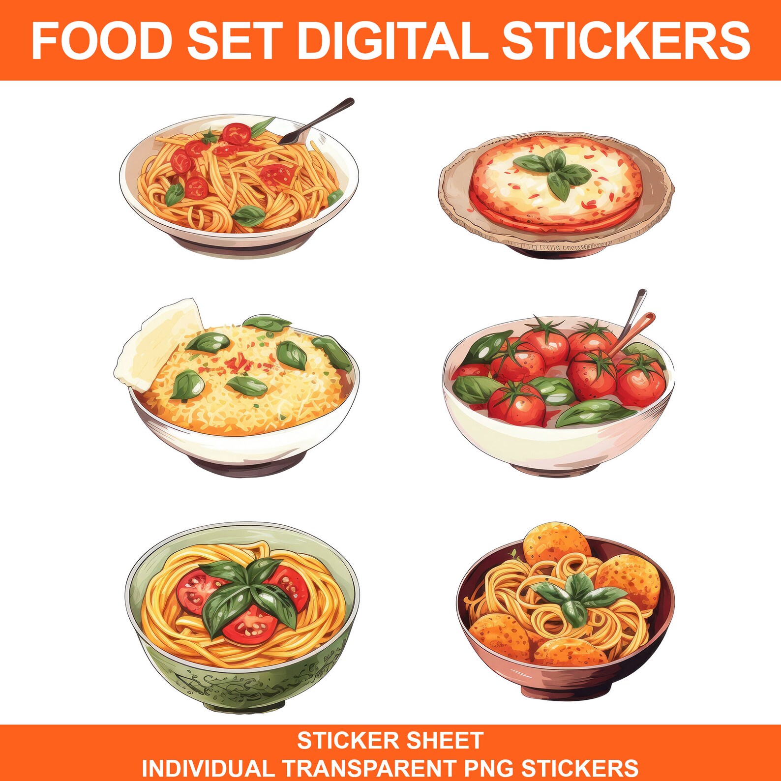 Food Digital Stickers, Food Sticker Sheet, Spaghetti Clipart, Pasta ...