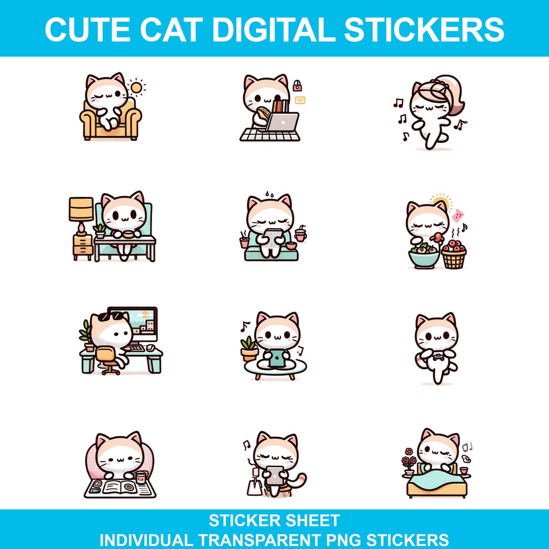 Cute Cat Sticker Set, Kitten Digital Download, Cat Stickers Planner ...