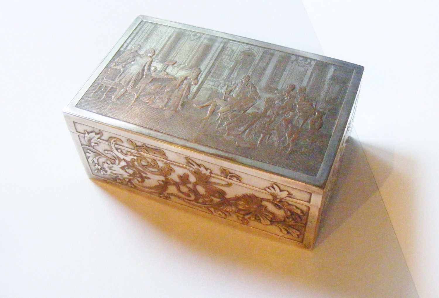 Silver-plated Copper Trinket Box, Wood Paneling Interior, Early 20th ...