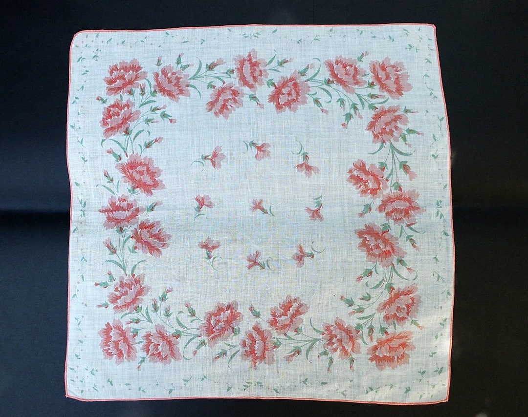 Vintage 1960s French Cotton Handkerchief With Pink Flowers Motif ...