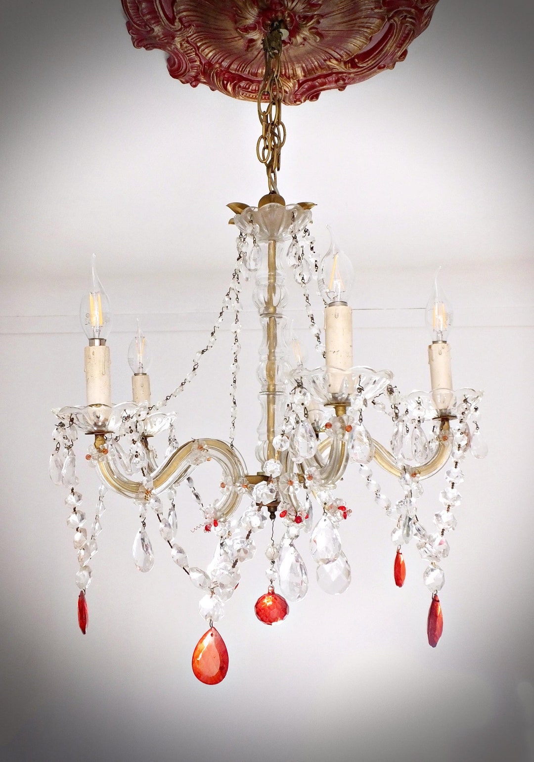 Elegant Mid-century Crystal Chandelier With Red and Gold Accents, Made ...