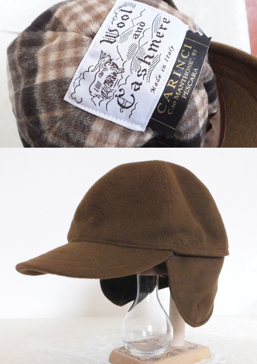 Vintage Cashmere Hunting Cap, Made in Italy, Artisan, Dark Brown, Size ...