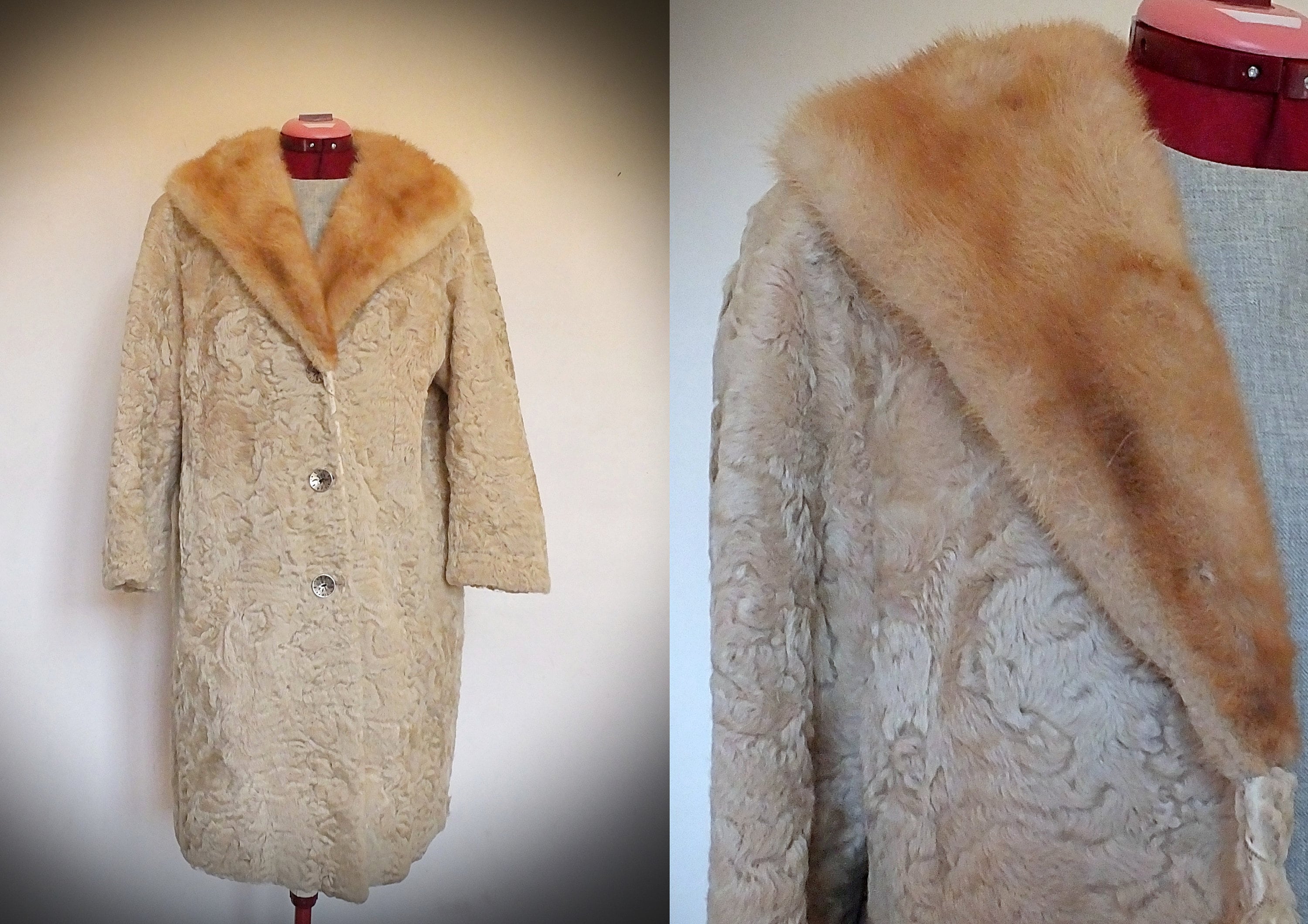 1980s Mountain Goat Fur Overcoat Fox Fur Collar Knee Length Beige ...