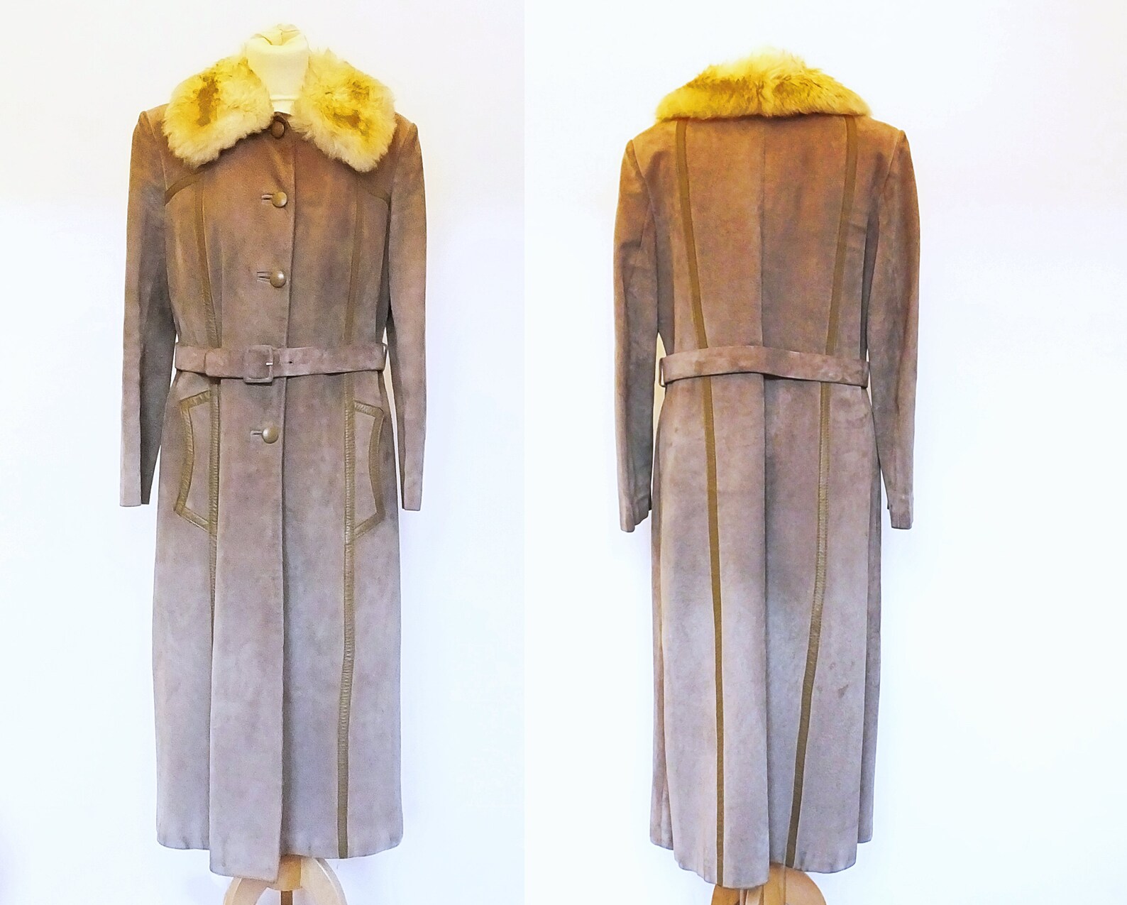 1970s French Suede Taupe Overcoat With Fox Fur Collar, Padded Lining ...