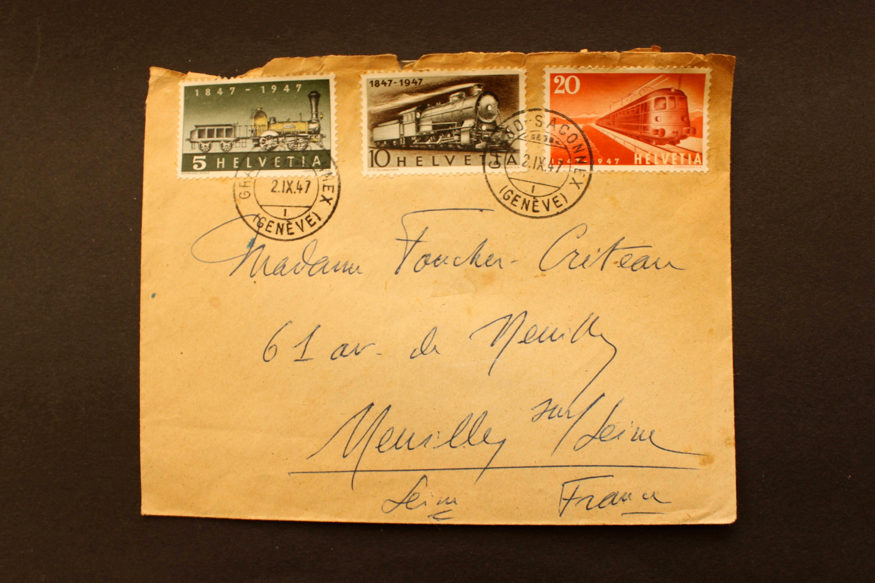 1847-1947 Swiss (helvetia) Correspondence Envelope With 3 Stamps ...