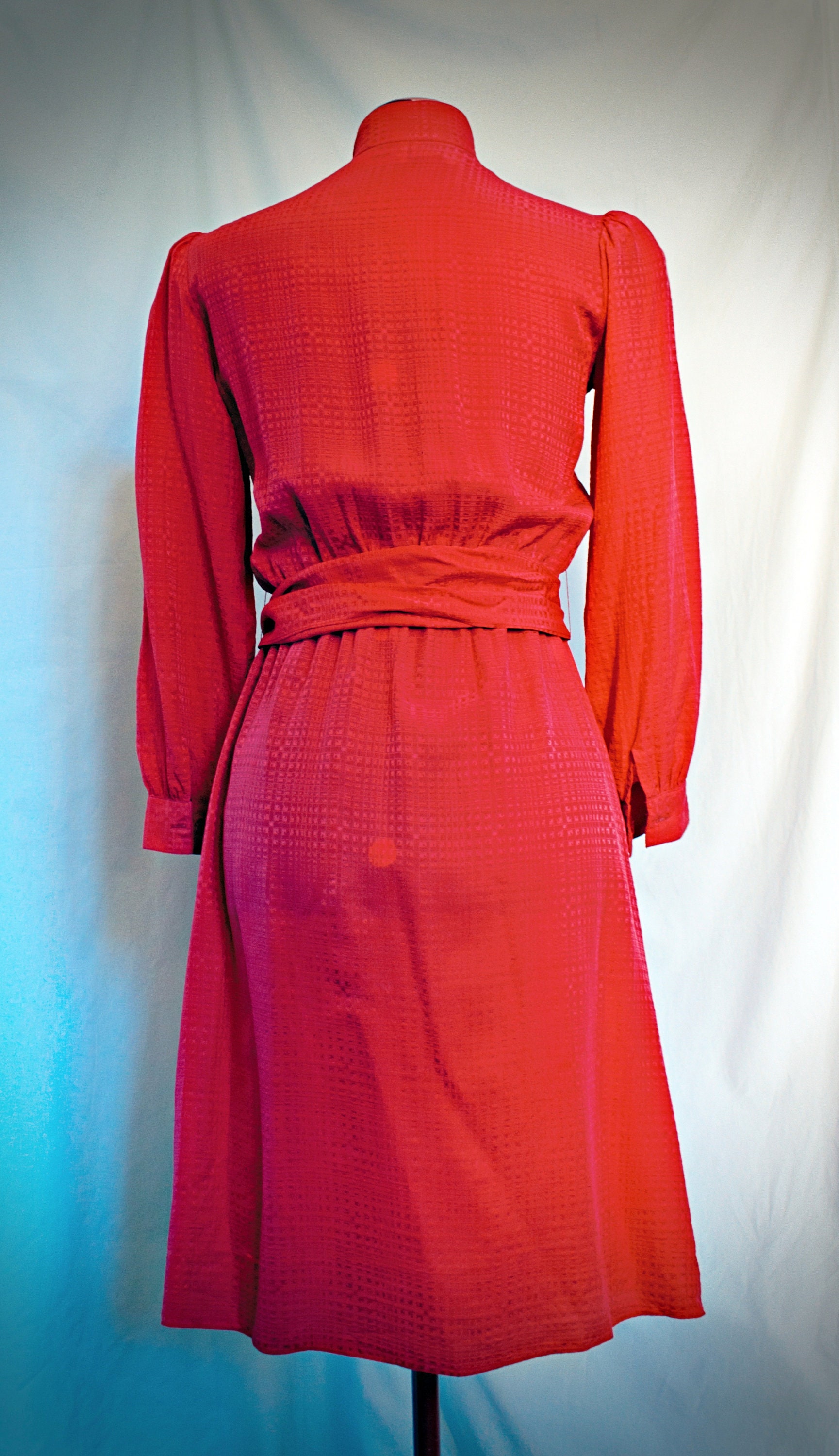 Vintage 100% Textured Silk Dress With Matching Sash - Scarlet Red ...